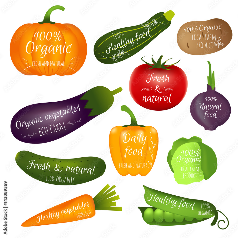 Set of vegetables labels with sample text. Collection of realistic ...
