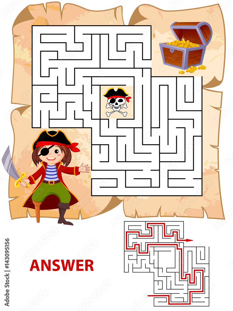 Help pirate find path to treasure chest . Labyrinth. Maze game for kids ...
