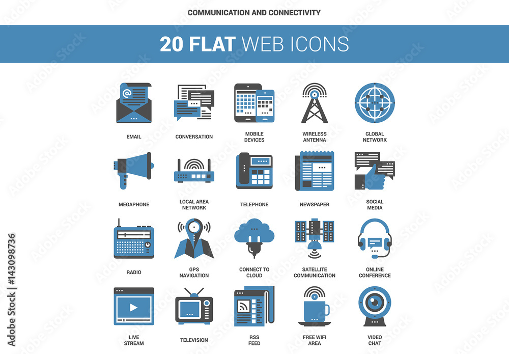 20 Flat Two-Color Communication and Connectivity Icons Stock Template ...