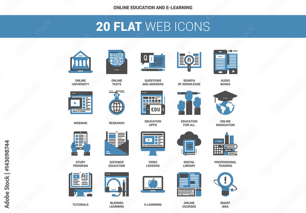 20 Flat Two-Color Online Education and E-Learning Icons Stock Template ...