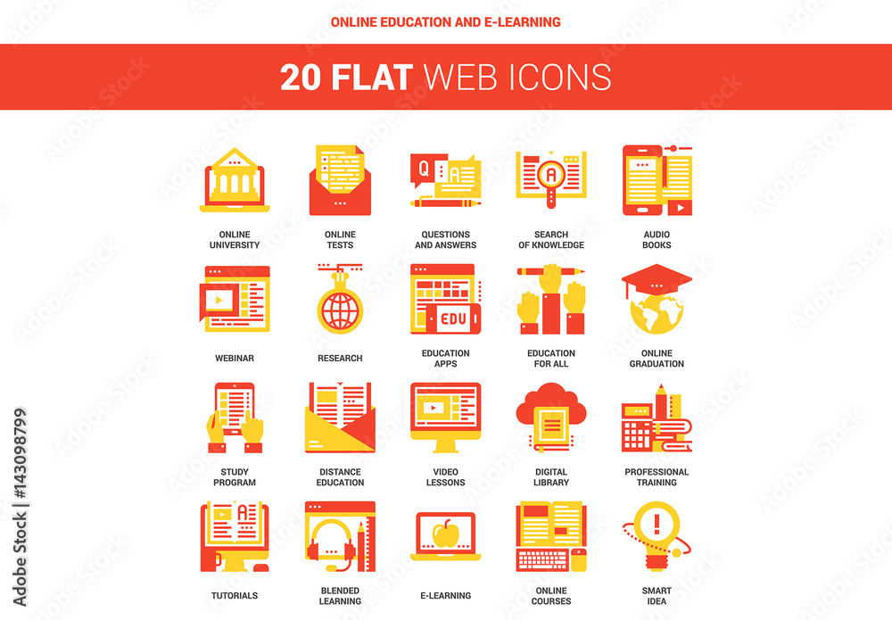 20 Red and Yellow Online Education and E-Learning Icons Stock Template ...