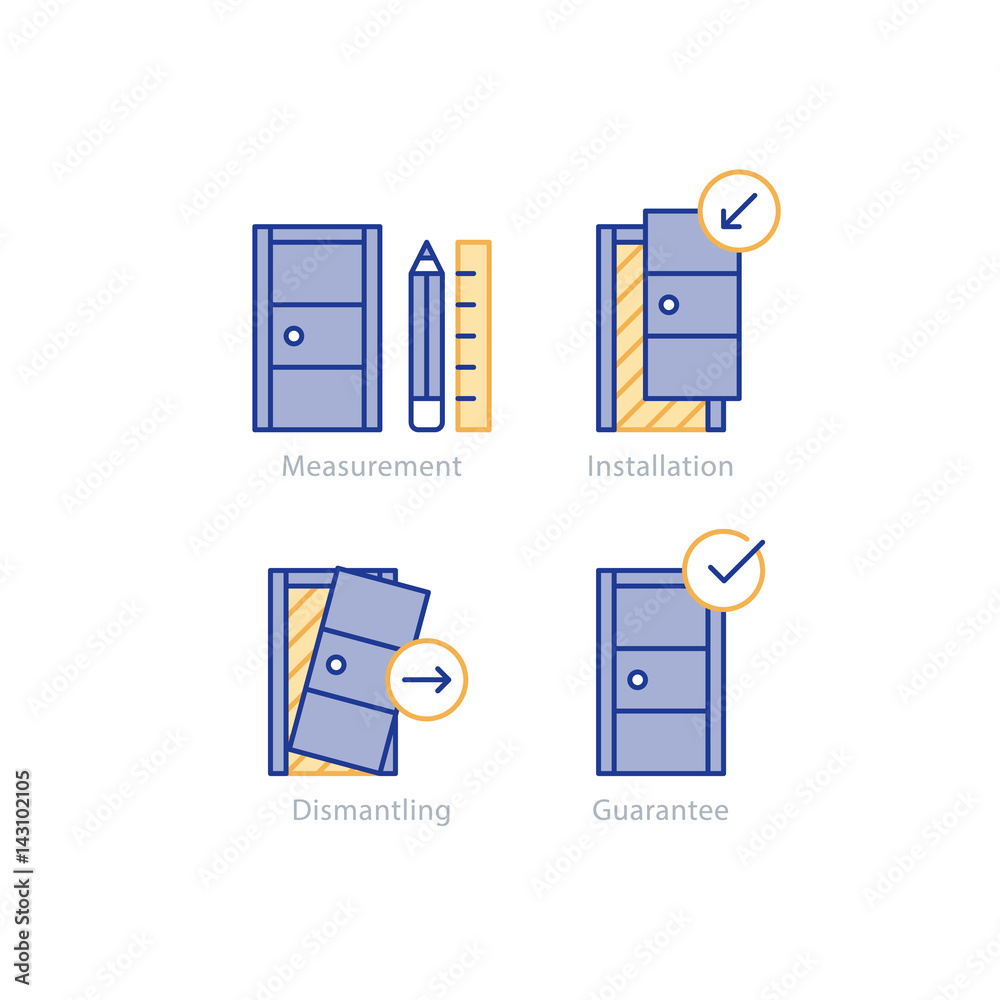 Door replacement order, measurement and dismantling old door icon Stock ...