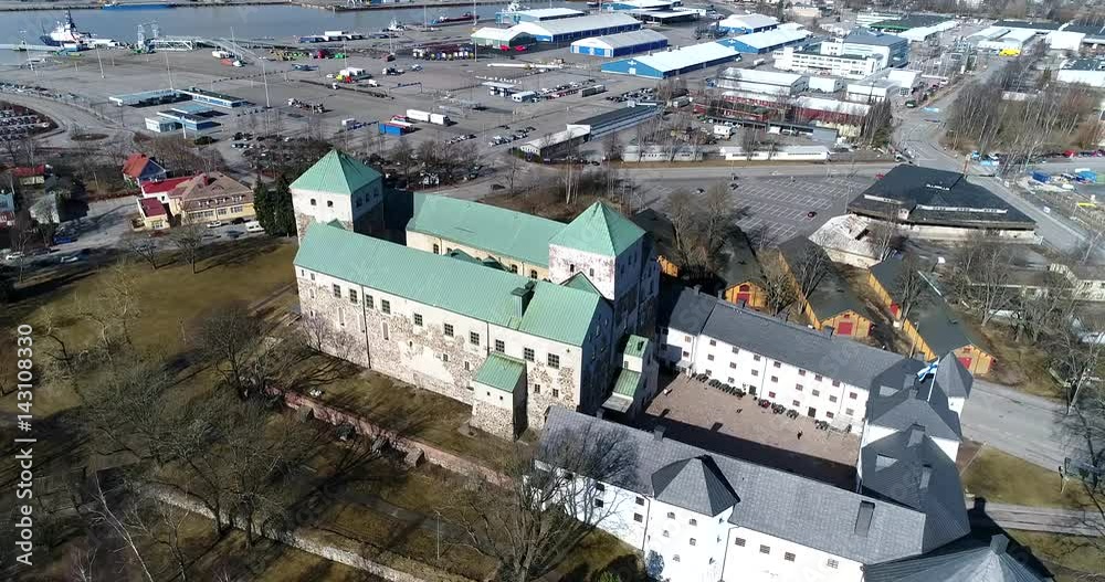 Turun linna, Cinema 4k aerial flight over Turku castle, on a sunny ...