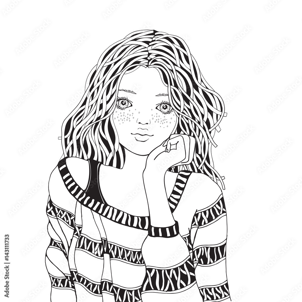 Cute girl in a striped sweater. Coloring book page for adult. Black and ...