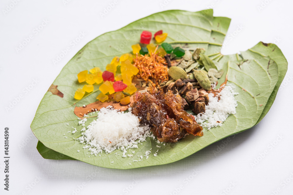 Ingredients of indian traditional digestive meetha masala paan which is ...
