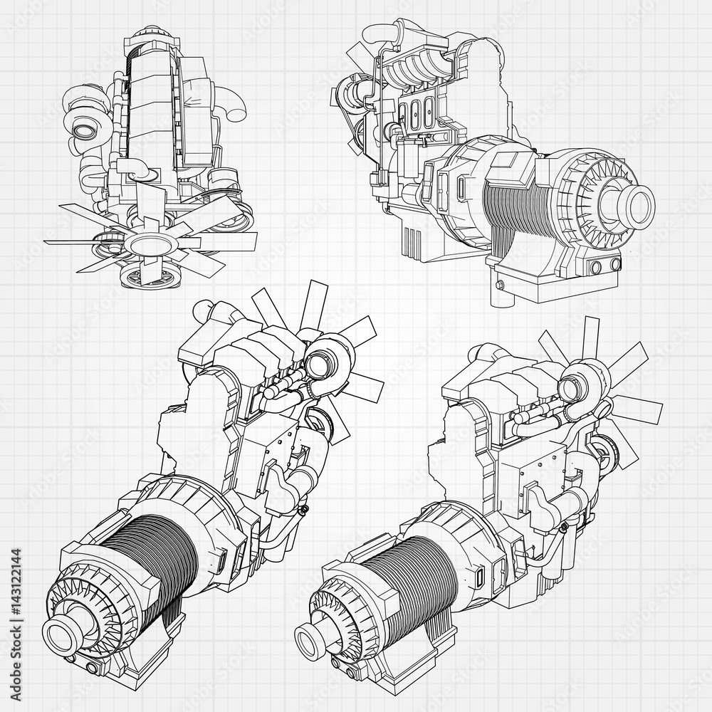 A big diesel engine with the truck depicted in the contour lines on ...