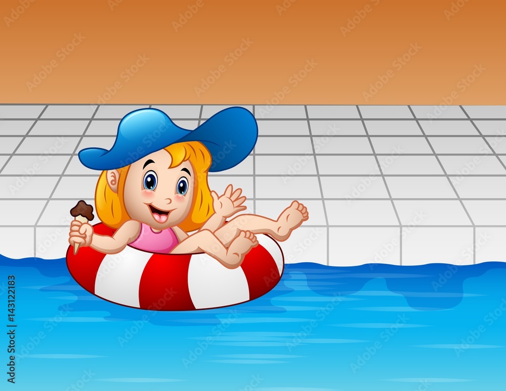 Cartoon girl floating with lifebuoy in swimming pool Stock Vector ...