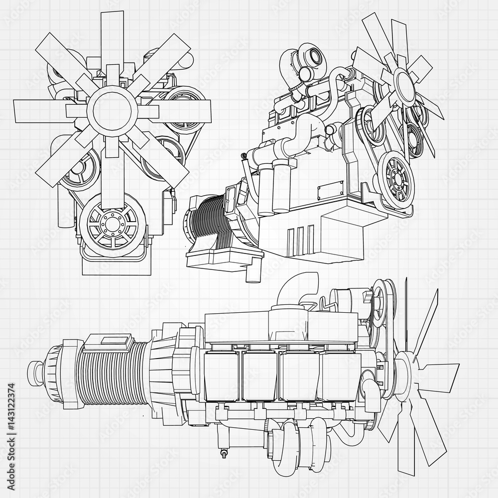A big diesel engine with the truck depicted in the contour lines on ...