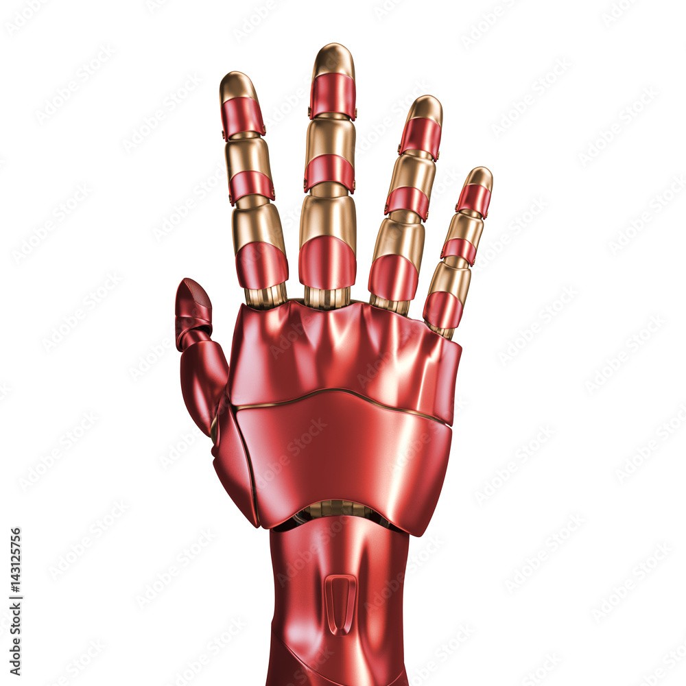 The hand of an iron man. Red and gold coloring. 3d rendering. Template ...
