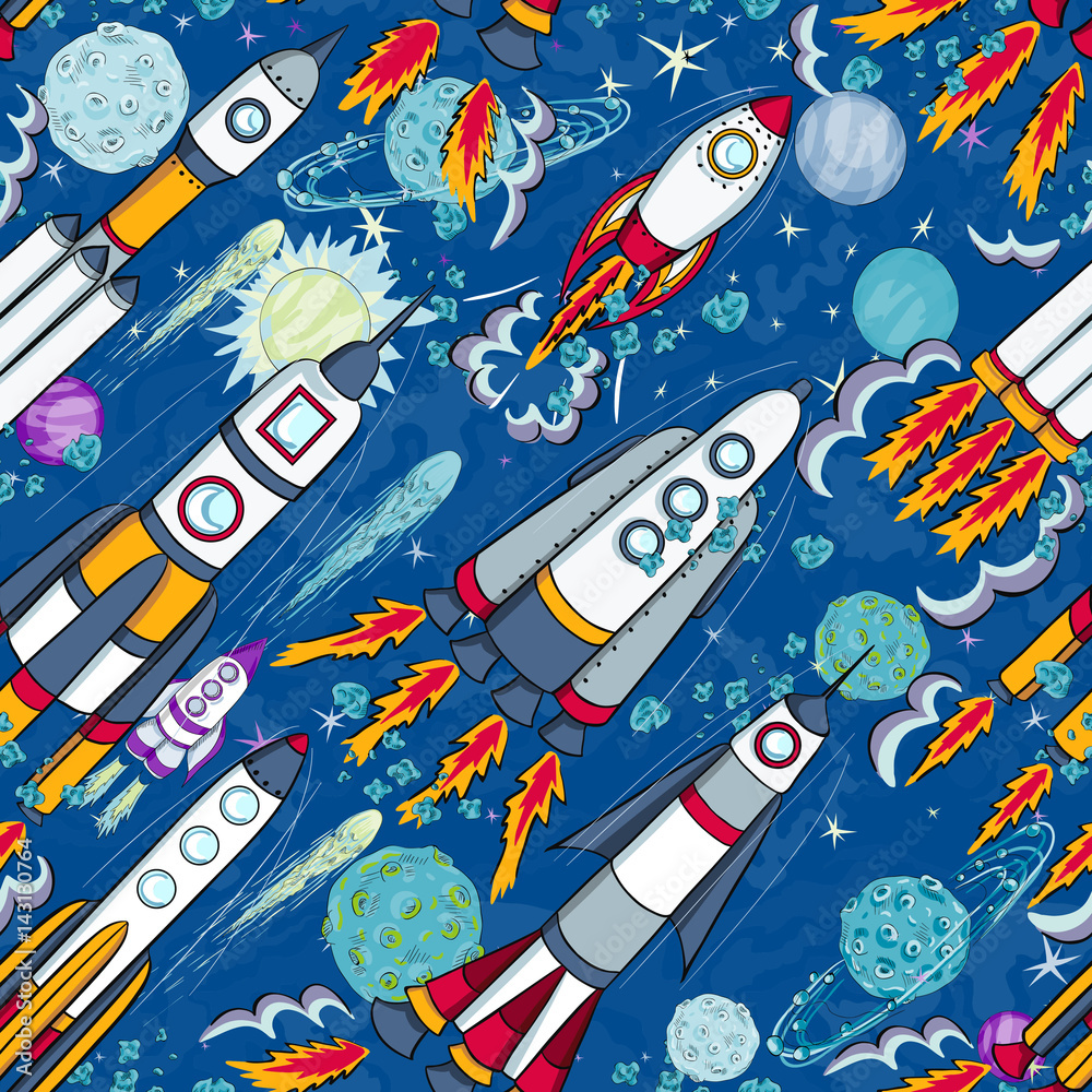 hand drawn cartoon space seamless pattern. rockets, planets and stars ...