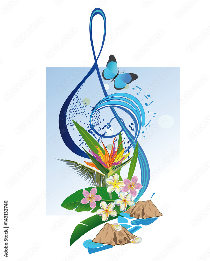 Abstract treble clef decorated with tropical flowers and palm leaves, a ...