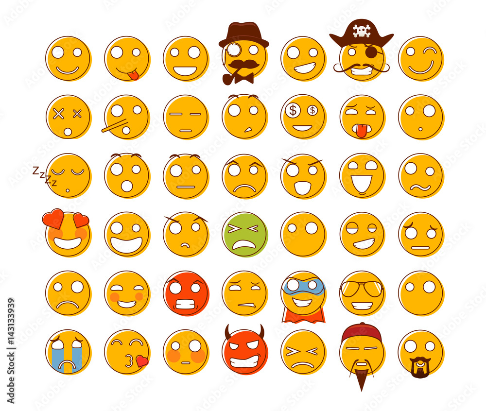 Set of 42 unique emoticons. Vector smiley illustration. Emoji icon ...