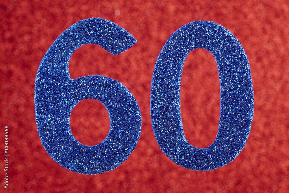 Number sixty blue color over a red background. Anniversary. Stock Photo ...