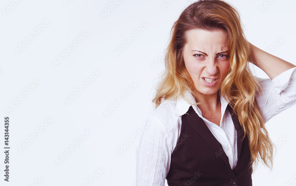 I'm very angry!!! Nervous businesswoman standing clenching his fists ...