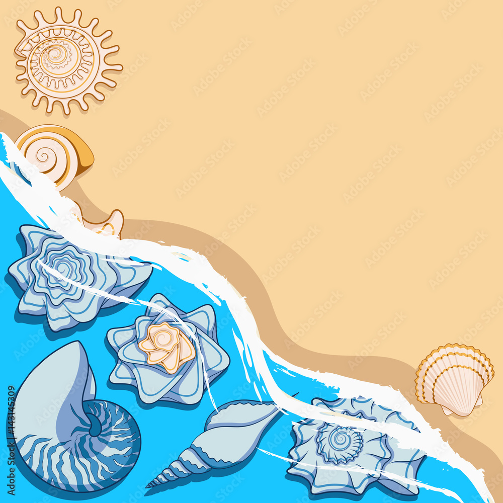 Background with sea shells and surf. Marine vector color background ...