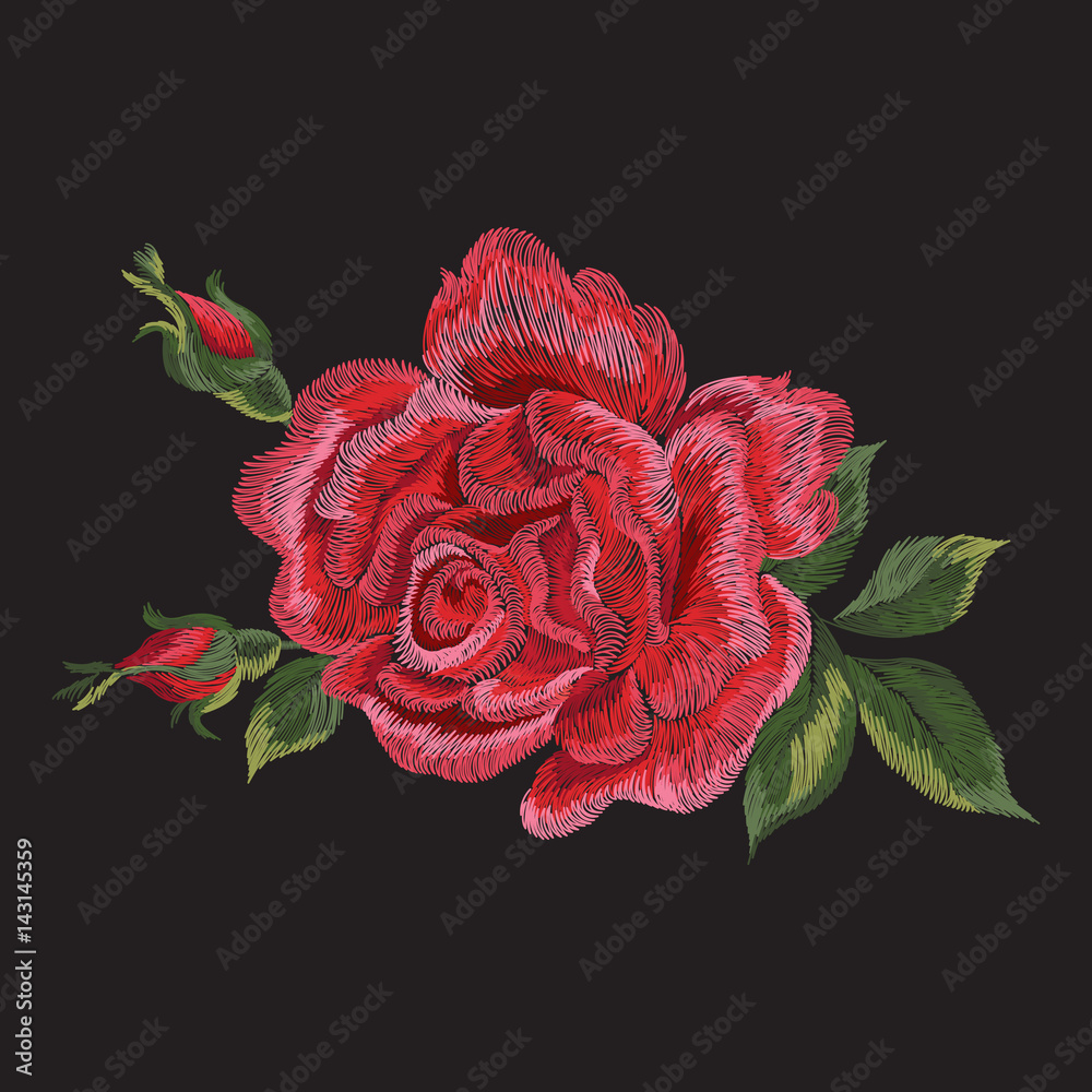 Embroidery trend ethnic floral pattern with red rose. Vector style ...