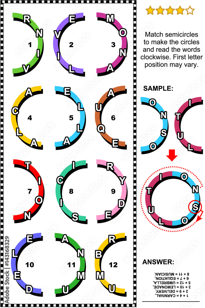 Word game (English language): Match semicircles with letters to make ...