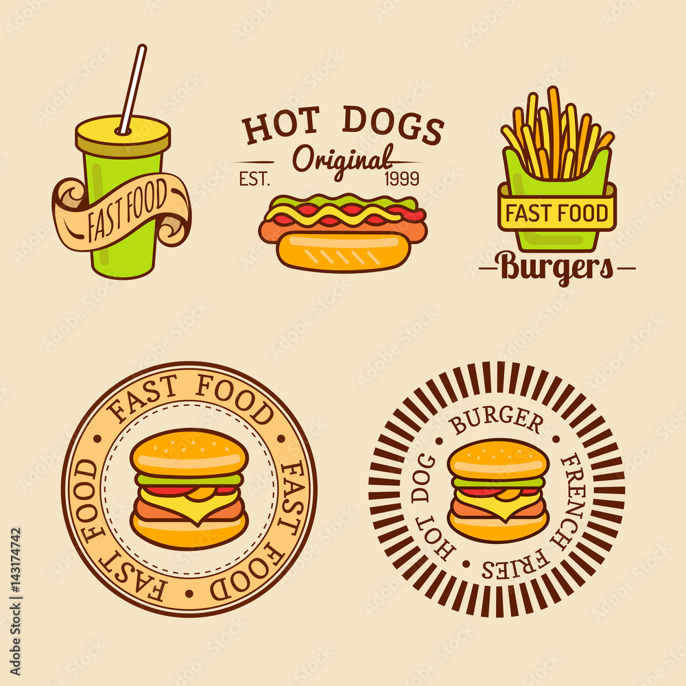 Vector vintage fast food logos set. Retro eating signs collection ...