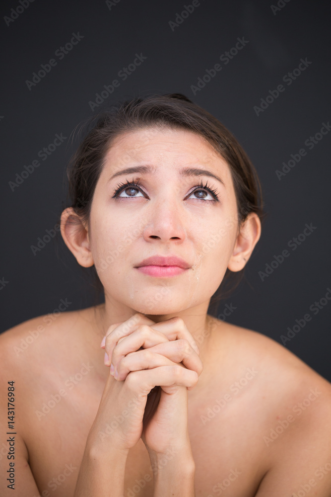 Close up of poor sad depressed, Young woman begging for help and going ...