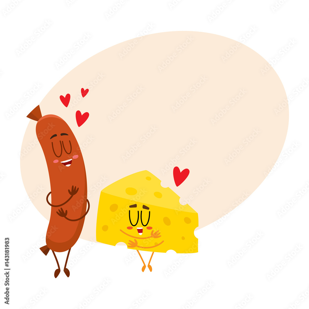 Funny cheese chunk and frankfurter sausage characters showing love ...