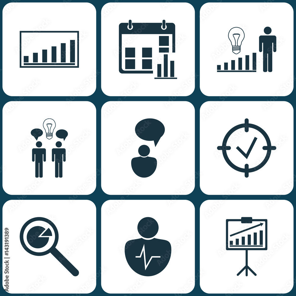 Set Of 9 Management Icons. Includes Decision Making, Project Analysis ...
