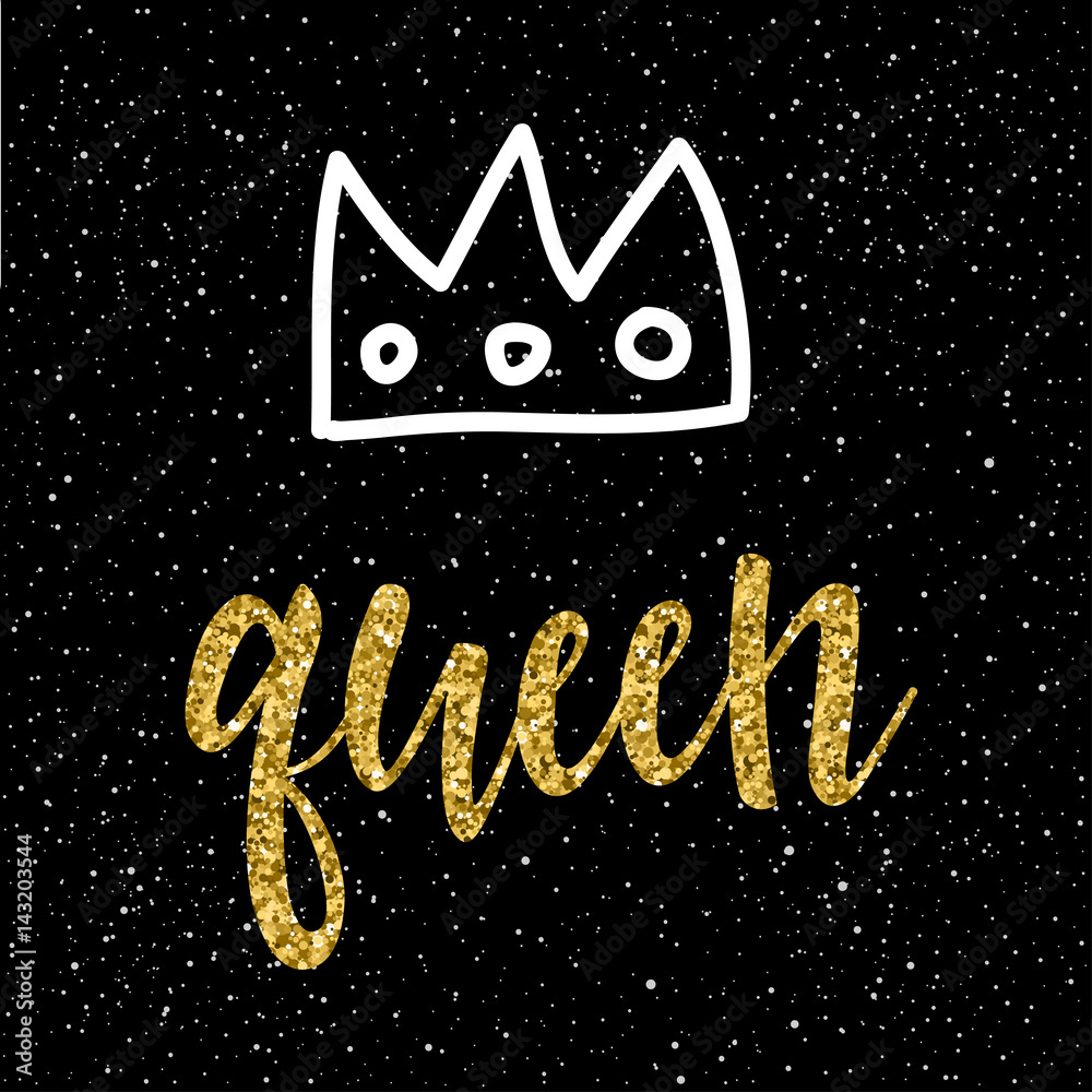Queen. Handwritten queen quote and hand drawn abstract doodle crown ...