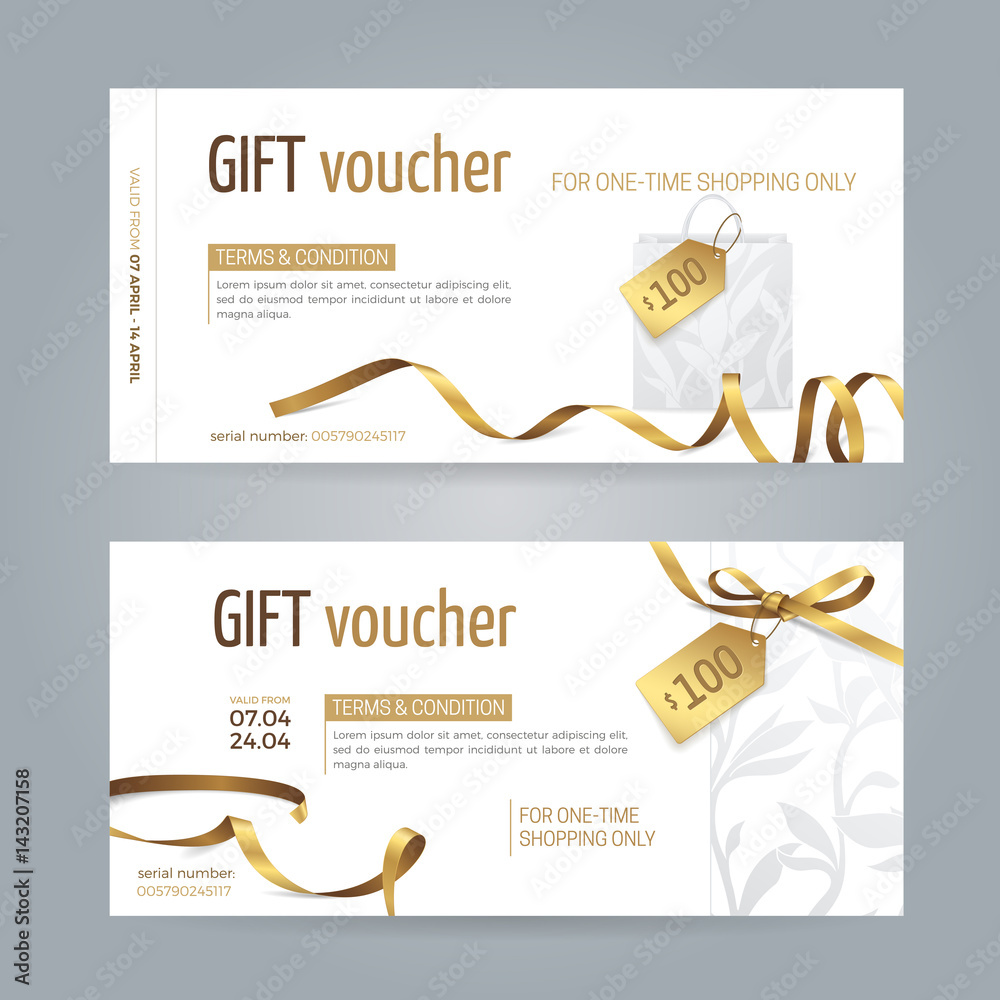 Vector set of modern gift vouchers with paper shopping bag, golden ...
