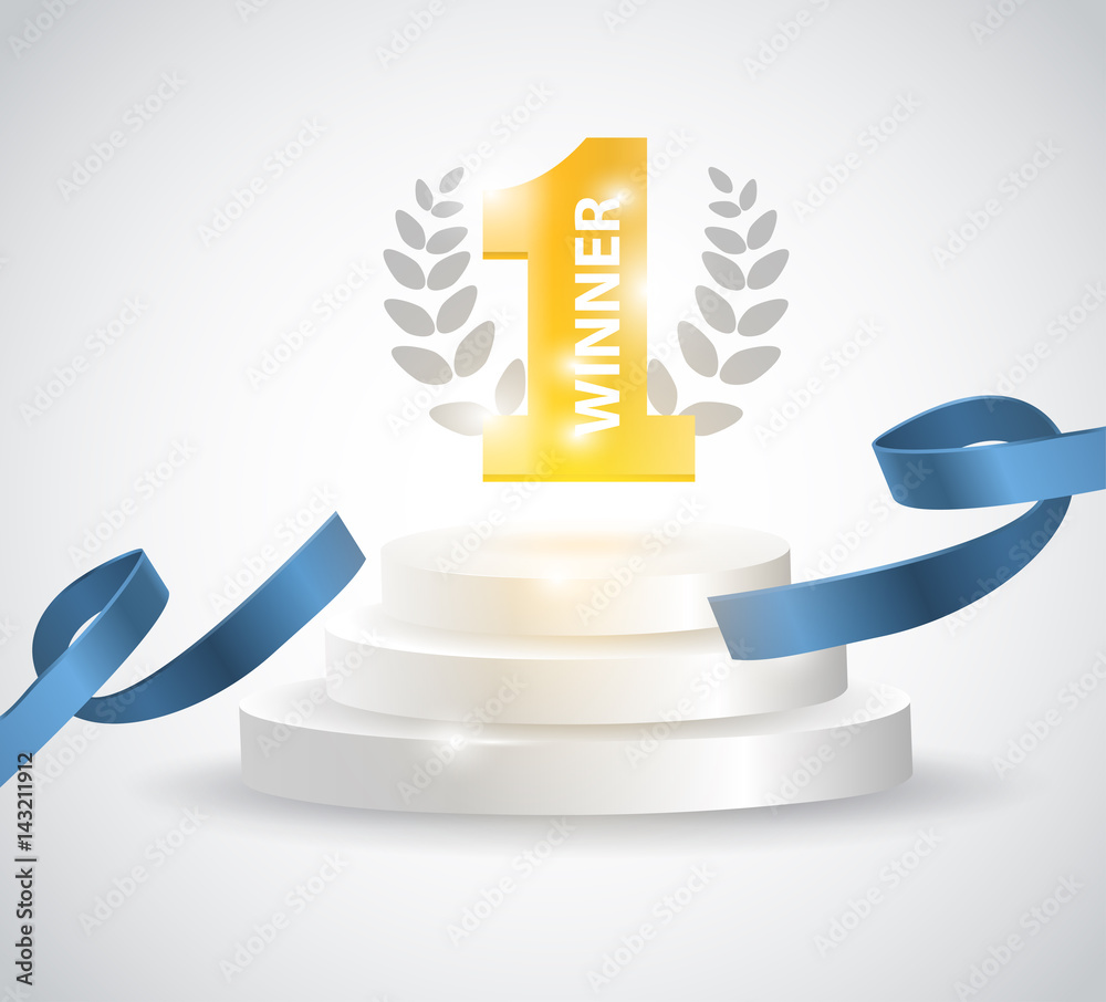 Winner background with blue ribbon, on round pedestal isolated on white ...