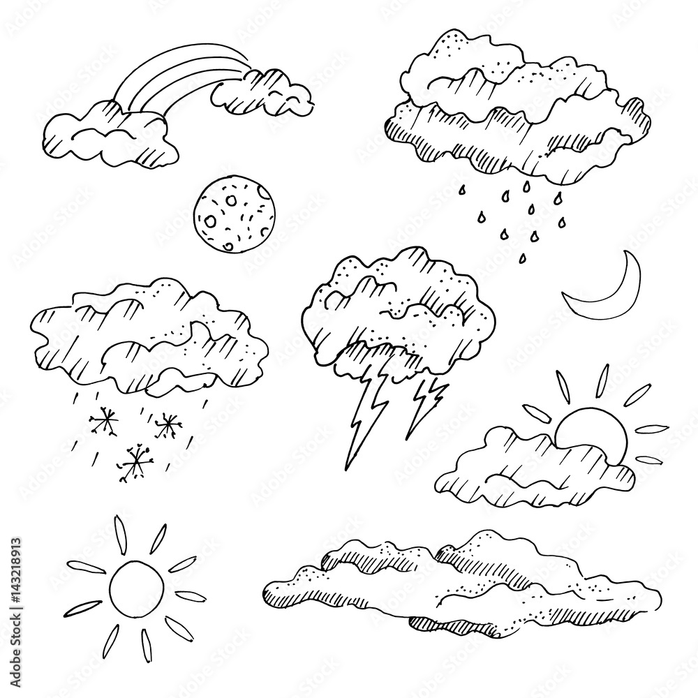 Weather forecast icons, freehand drawing. Sketch, vector illustration ...