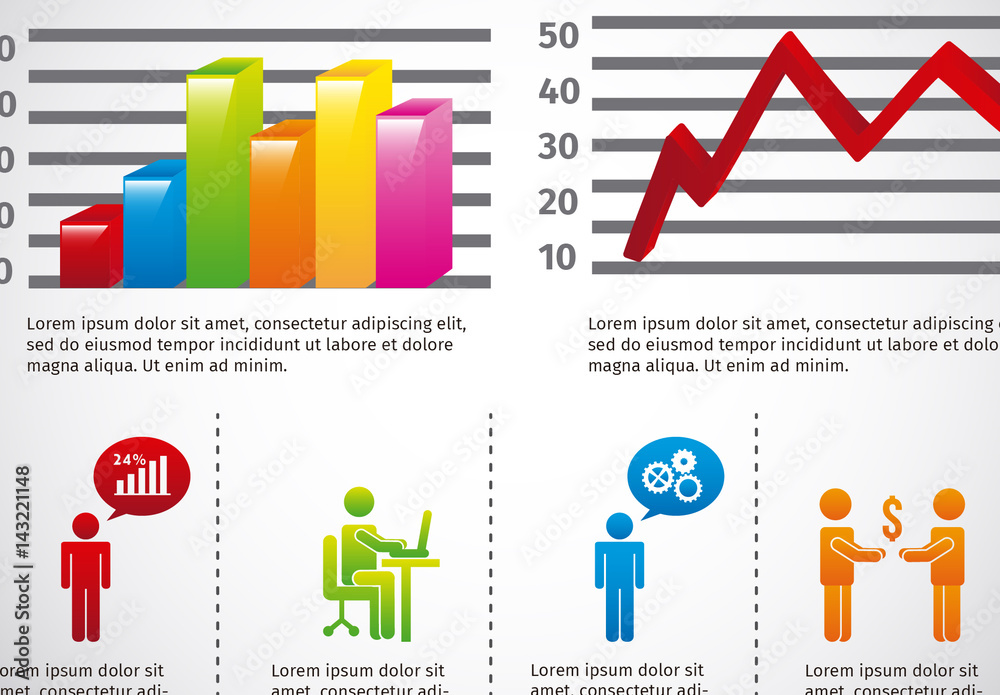 Multipurpose 3D Bar and Line Graphs with Business Pictograms Stock ...