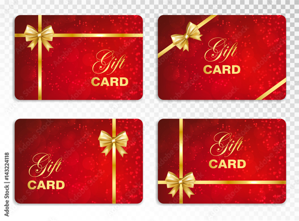 Red gift card with gold ribbon set isolated on transparent background ...