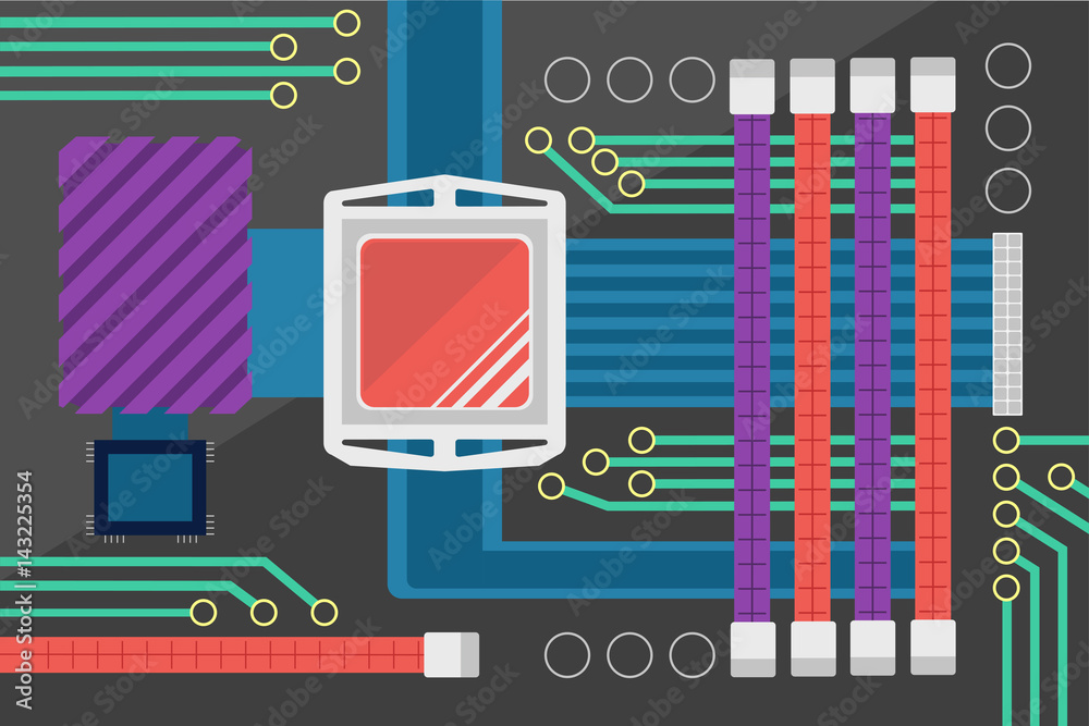 Flat design colorful vector illustration of computer motherboard with ...