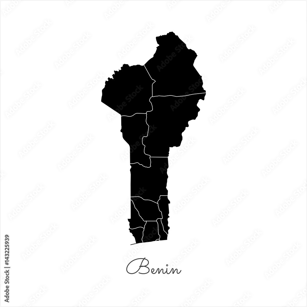 Benin region map: black outline on white background. Detailed map of ...