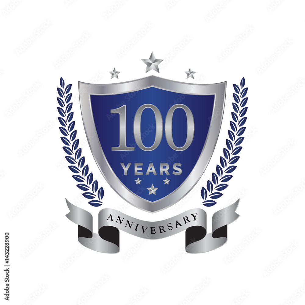 100th anniversary years shield blue silver color Stock Vector | Adobe Stock