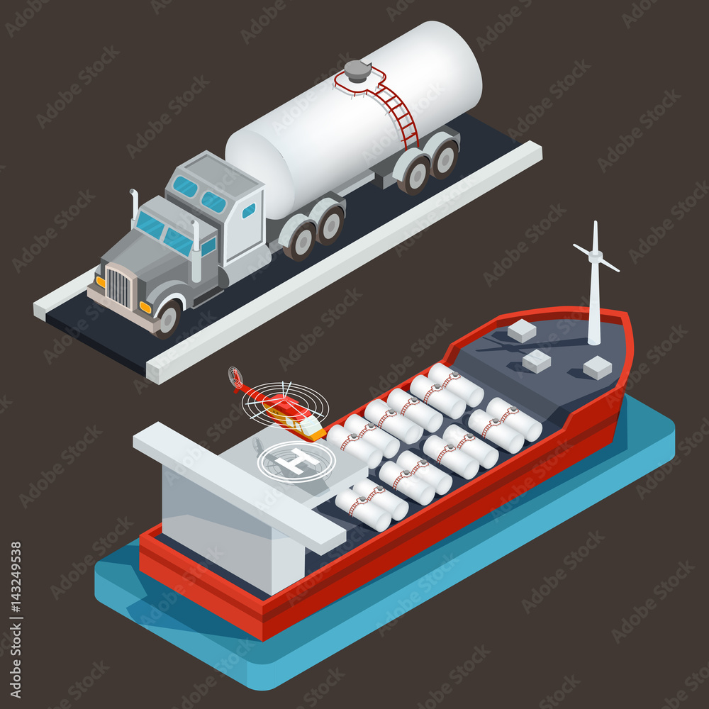 Vector isometric illustration, icons truck with tanker for ...