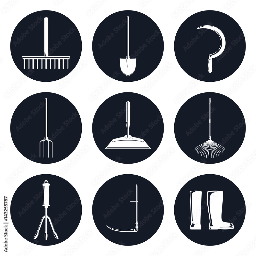 Set of Round Monochrome Icons Garden Equipments, Garden Rake and ...