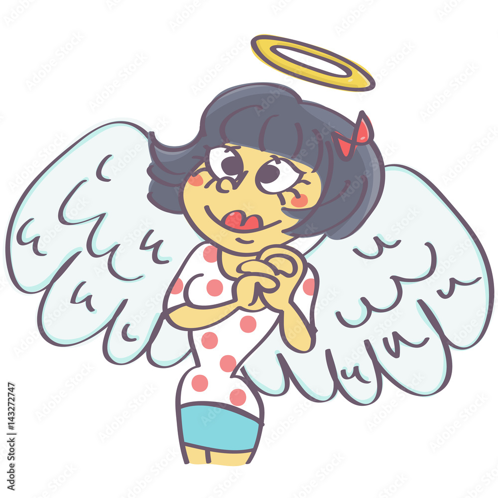Funny vector cartoon of cute girl with angel wings and aureole above ...