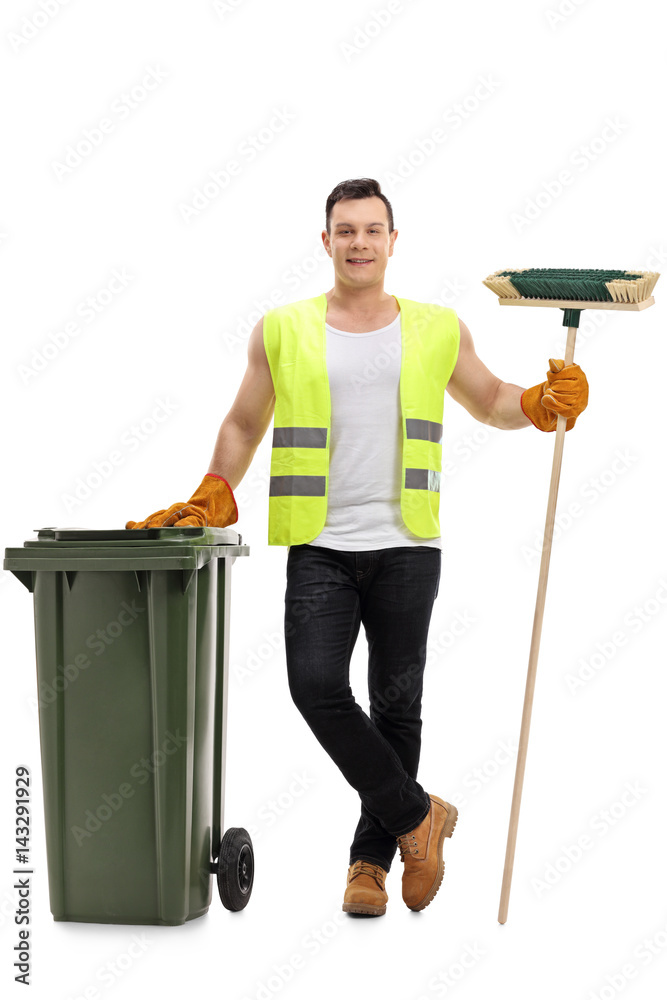 Waste collector with a broom and a garbage bin Stock Photo | Adobe Stock
