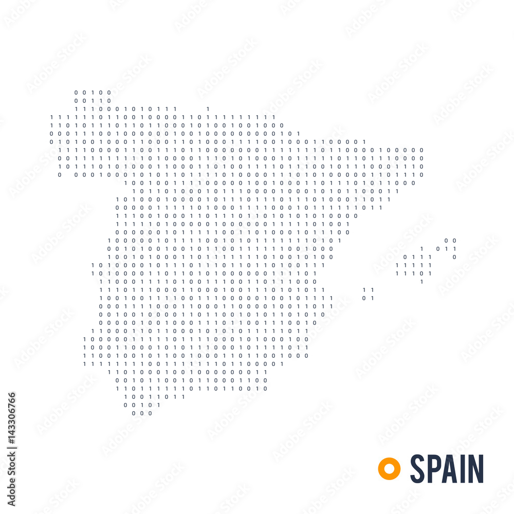 Binary code vector stylized map of Spain isolated on white background ...