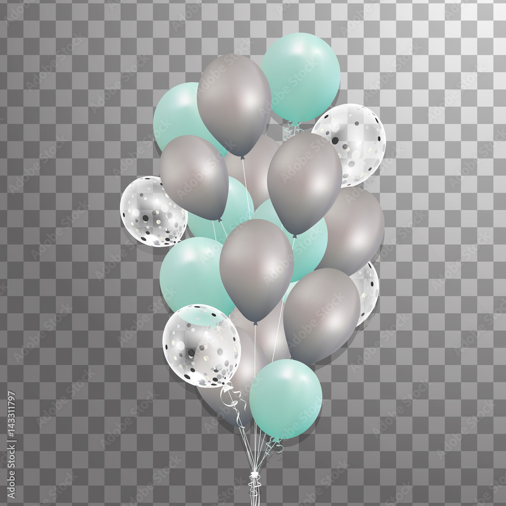 Set of turquoise, silver, white transparent helium balloon isolated in ...