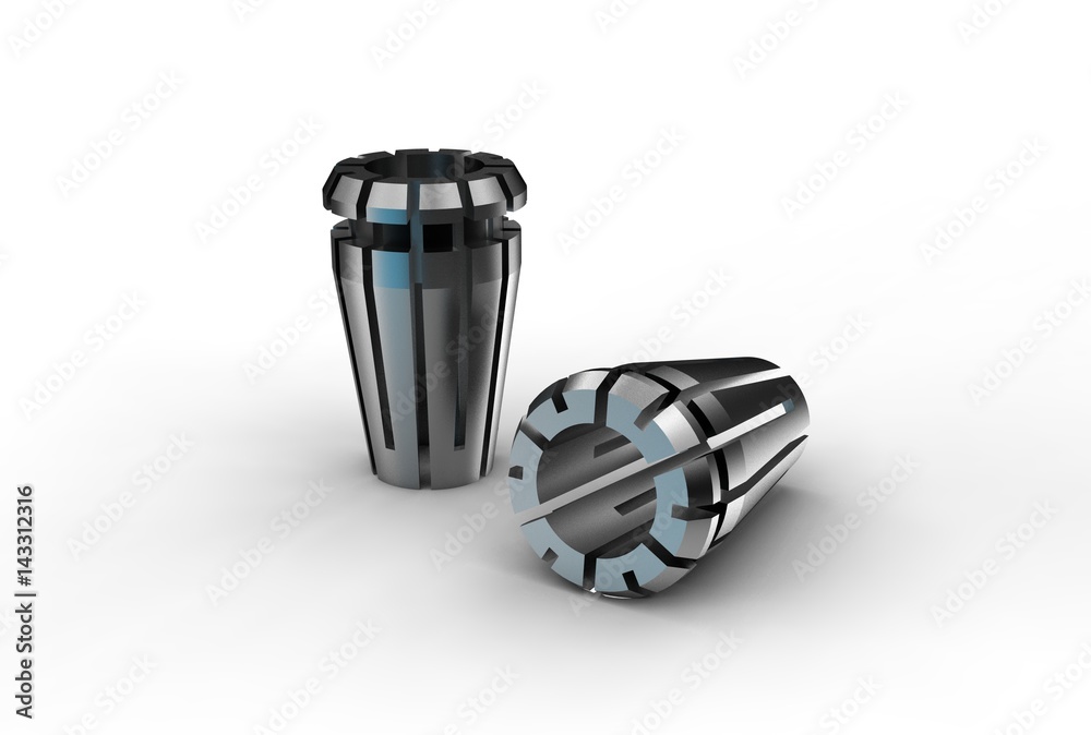 3D illustration of metal collets for instruments for heavy industry ...