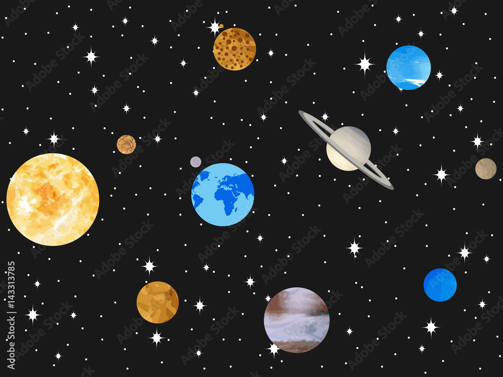 Planets of the solar system. Outer space, open space. Vector ...