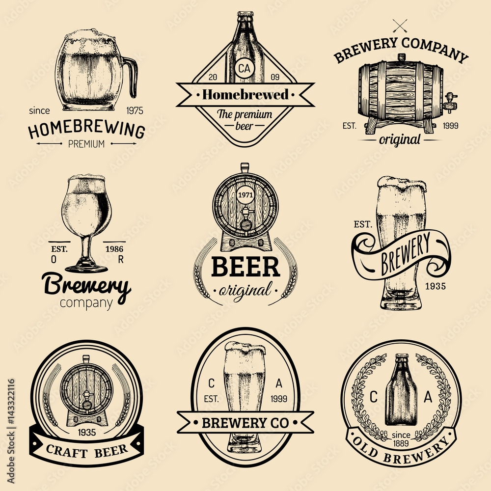 Old brewery logos set. Kraft beer retro signs or icons with hand ...