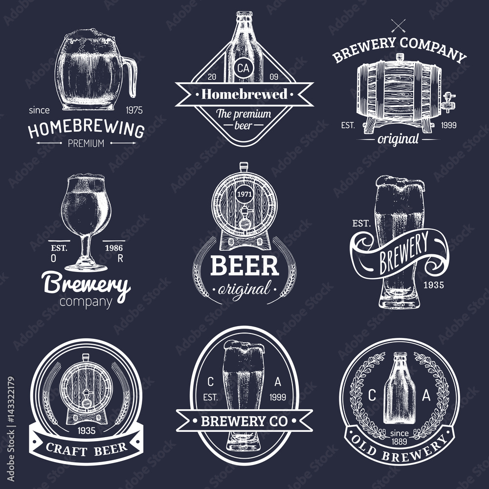 Old brewery logos set. Kraft beer retro signs or icons with hand ...