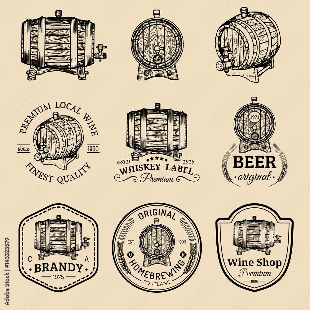 Alcohol logos. Wooden barrels set with drinks signs of cognac,brandy ...