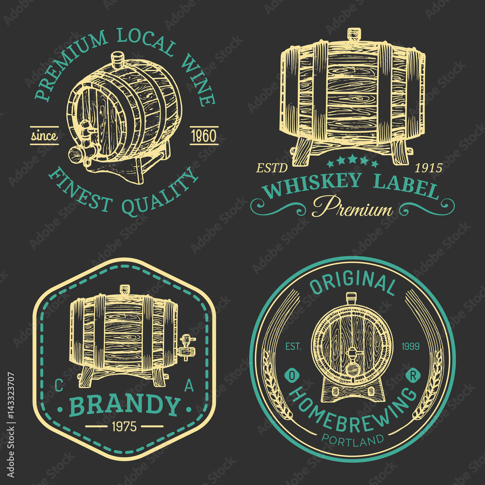 Alcohol logos.Wooden barrels set with drinks signs of cognac,brandy ...