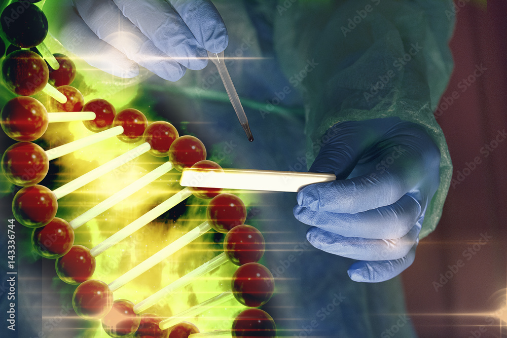 CSI scene with pipette and rapid test of DNA helix, crime scene ...