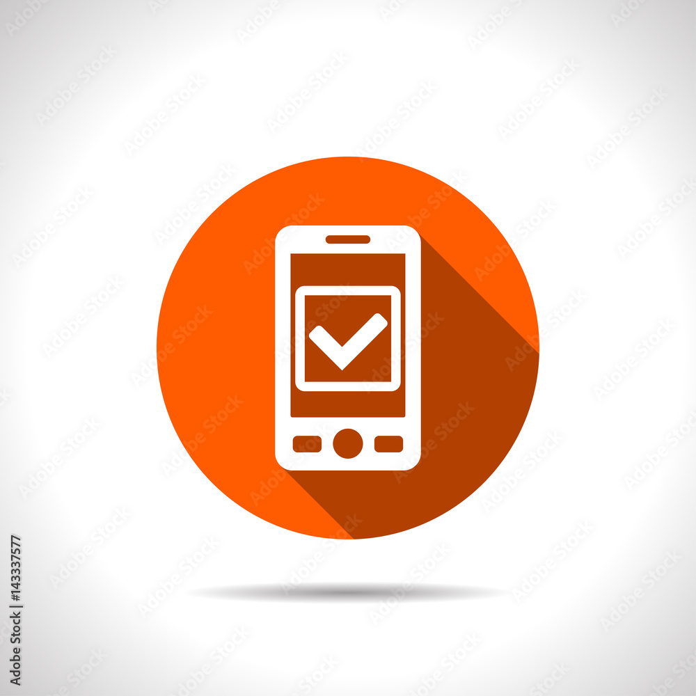 Mobile phone with checkmark symbol flat icon. Operation accepted vector ...