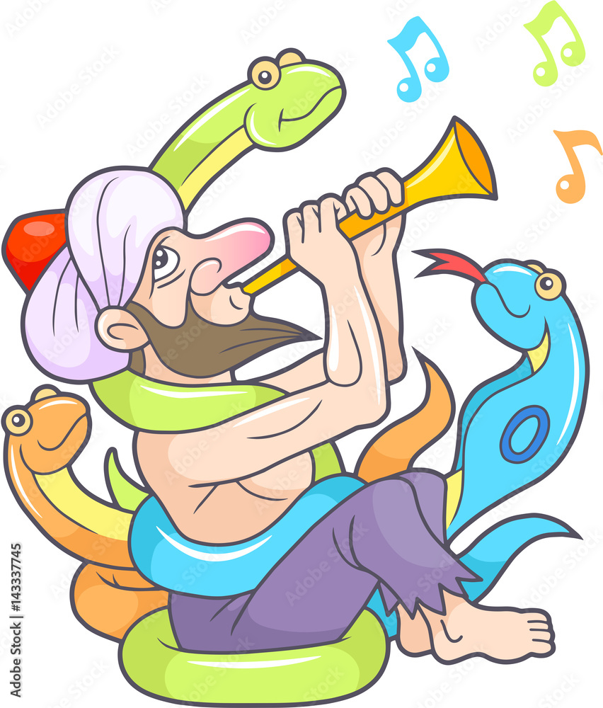 Cartoon snake charmer plays on the pipe Stock-Vektorgrafik | Adobe Stock