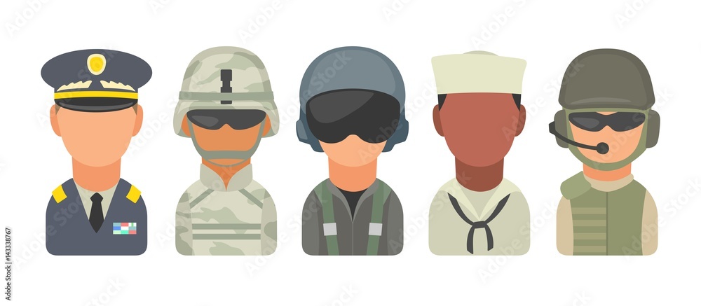 Set icon character military people. Soldier, officer, pilot, marine ...